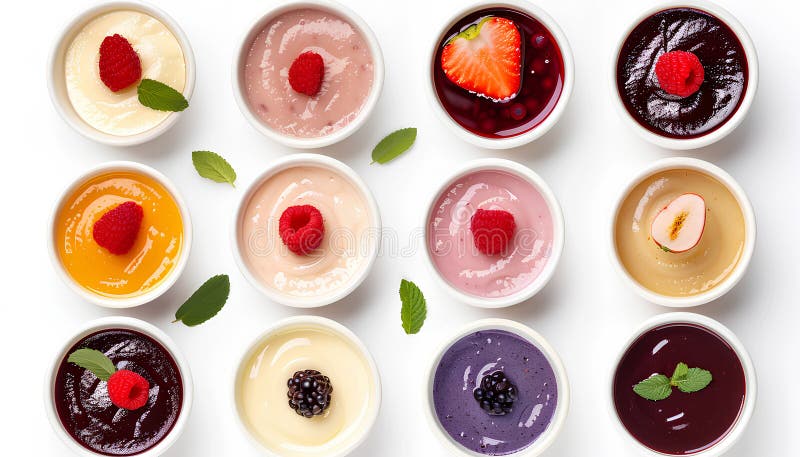 Set of Tasty Pudding Isolated on White, Top View Stock Illustration ...