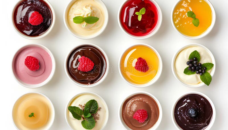 Set of Tasty Pudding Isolated on White, Top View Stock Illustration ...