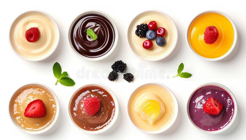 Set of Tasty Pudding Isolated on White, Top View Stock Illustration ...