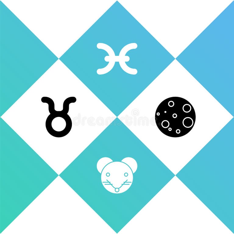 Set Taurus Zodiac, Rat, Pisces and Moon Icon. Vector Stock Vector ...
