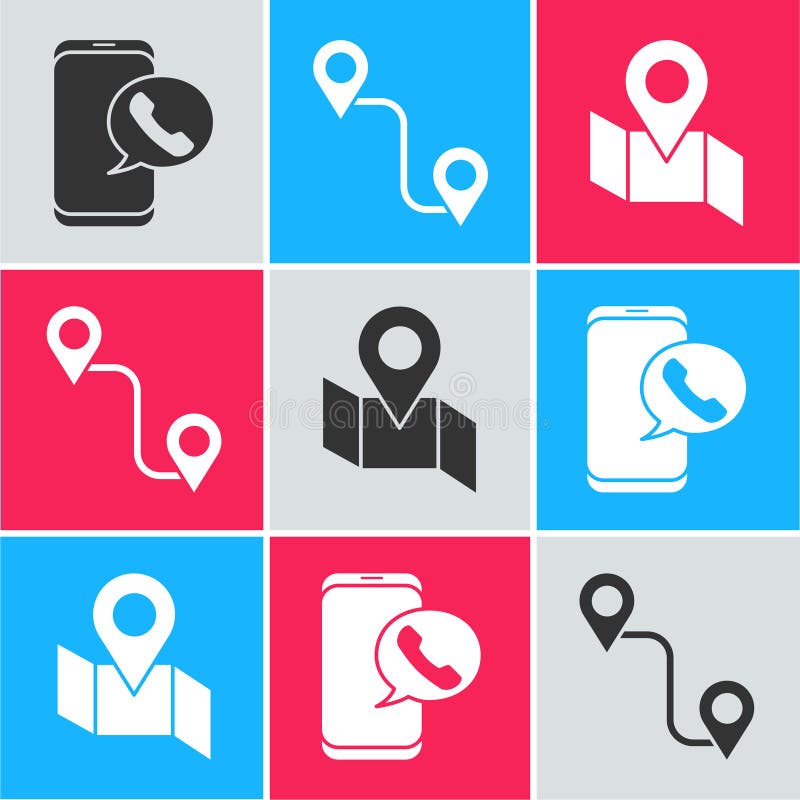 Set Taxi Call Telephone Service, Route Location and Folded Map with ...