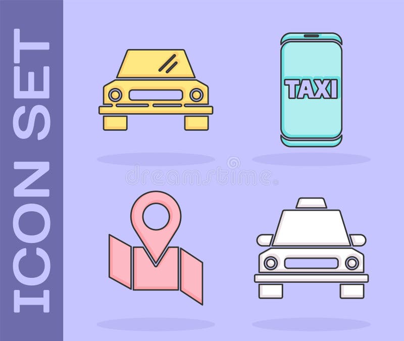 Set Taxi Car, Car, Folded Map with Location Marker and Taxi Call ...