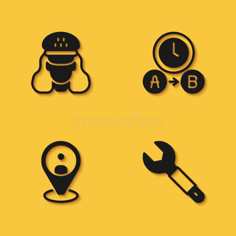 Set Taxi Driver, Wrench Spanner, Client and Waiting Time Icon with Long ...
