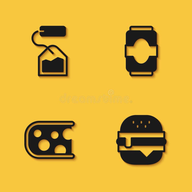 Set Tea Bag, Burger, Cheese and Soda Can Icon with Long Shadow. Vector ...