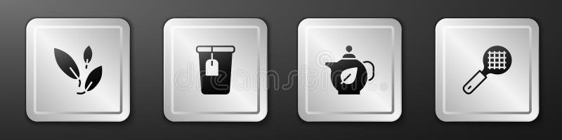 Set Tea Leaf, Cup with Tea Bag, Teapot and Strainer Handle Icon. Silver ...
