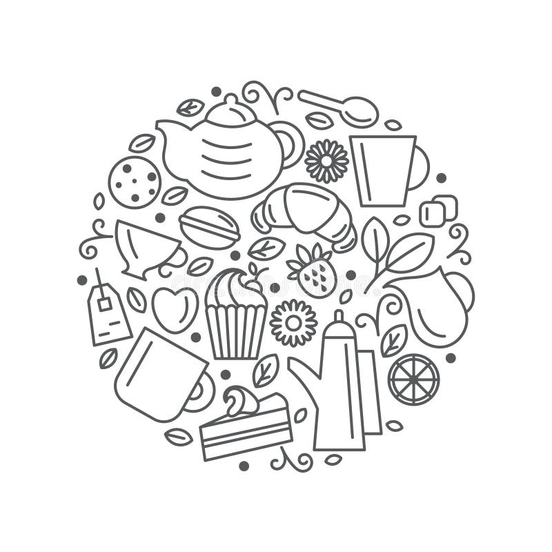 Set of Tea Theme. Line Art Draw Icons in the Circle Stock Vector ...