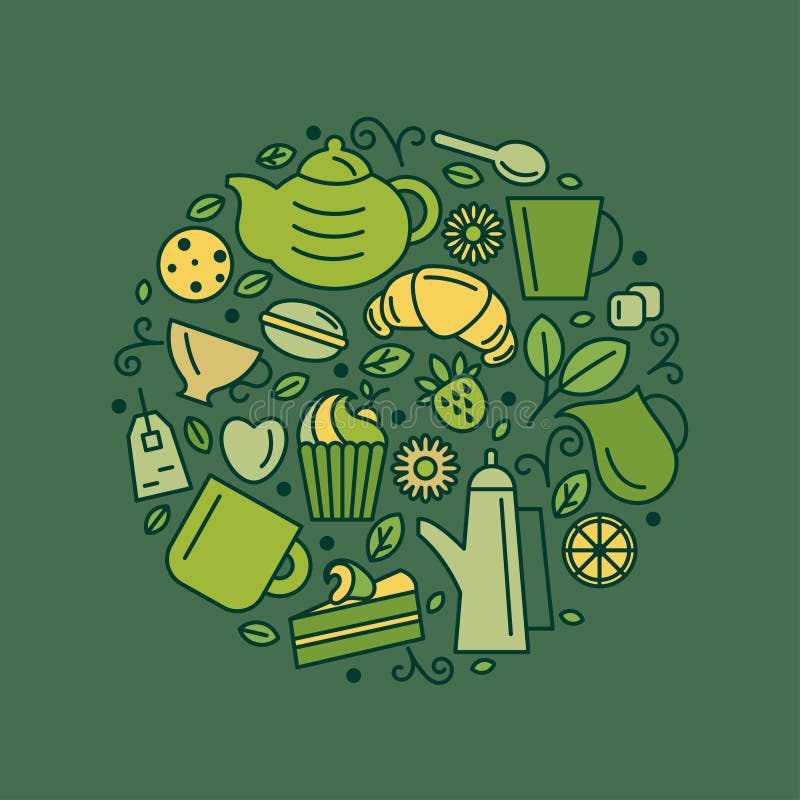 Set of Tea Theme. Line Art Draw Icons in the Circle Stock Vector ...