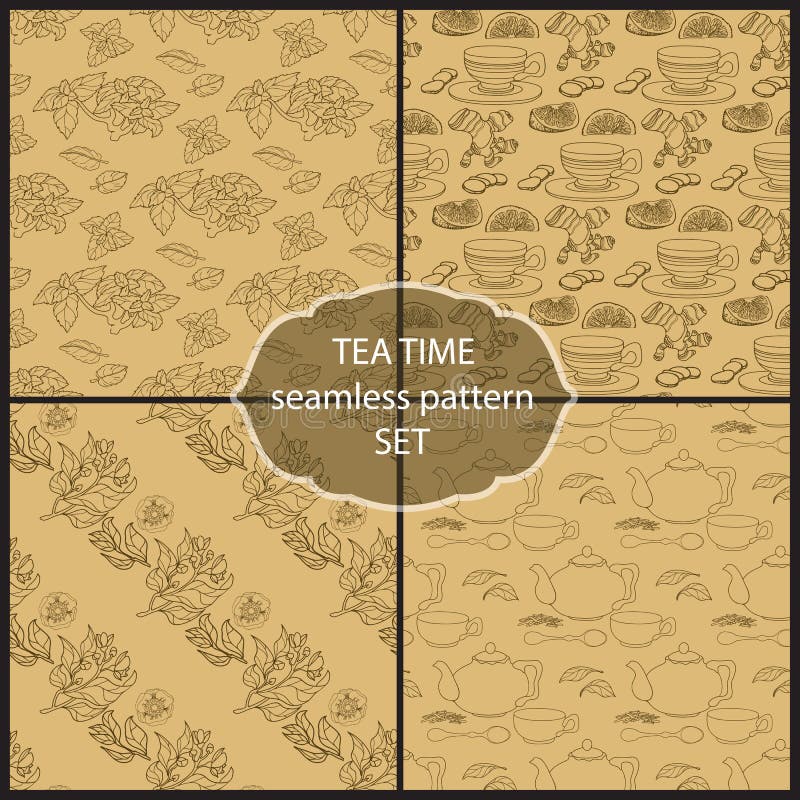 Set Tea Time Seamless Pattern of the Doodle Leaves, Cups. Stock Vector ...