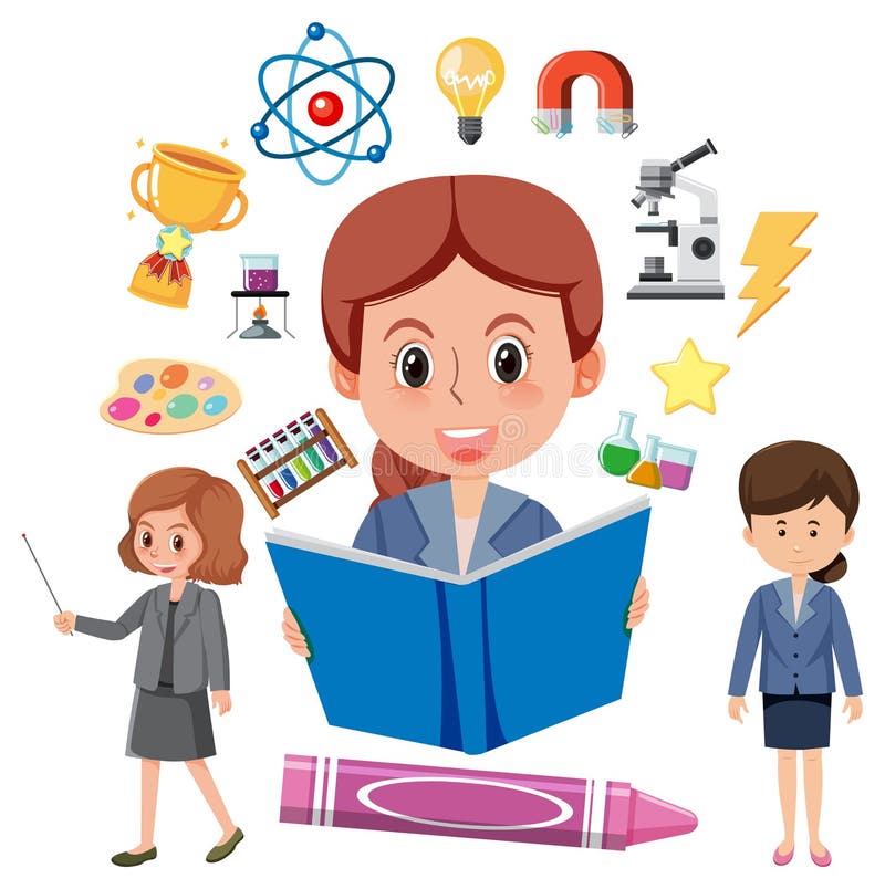 Set Of Teaching Equipment Tools And Teacher Cartoon Character Stock