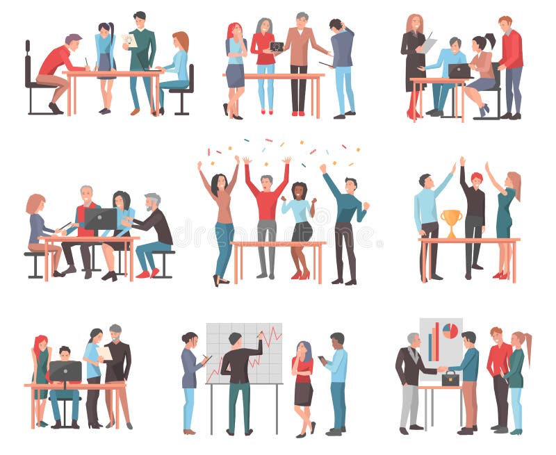 Set of Teams Discussing Idea and Celebrating. Stock Vector ...