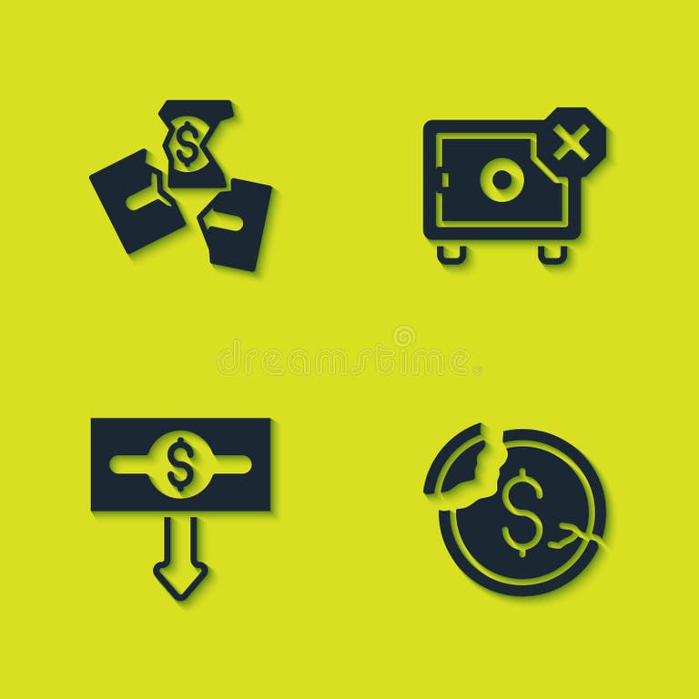 Set Tearing Money Banknote, Dollar Rate Decrease, and Safe Icon. Vector Stock Vector ...