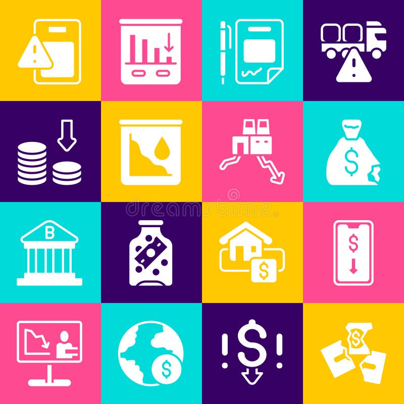 Set Tearing Money Banknote, Mobile Stock Trading, Money Bag, Contract and Pen, Drop Crude Oil ...