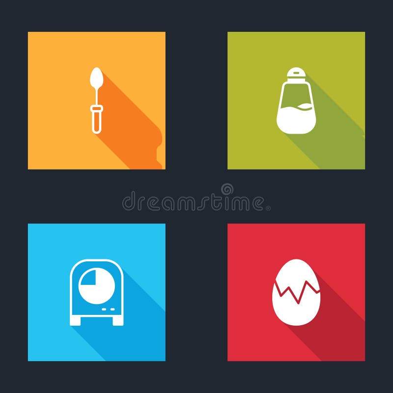 Set Teaspoon, Salt, Kitchen Timer and Broken Egg Icon. Vector Stock ...