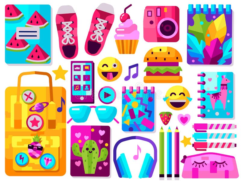 Set of Teenager Stuff. Cute Vector Icons Stock Vector - Illustration of ...