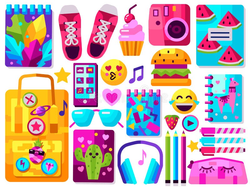 Set of Teenager Stuff. Cute Vector Icons Stock Vector - Illustration of ...