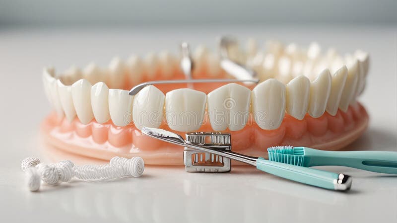 Set of Teeth with a Pin, Braces, Dental Floss and a Toothbrush on a ...