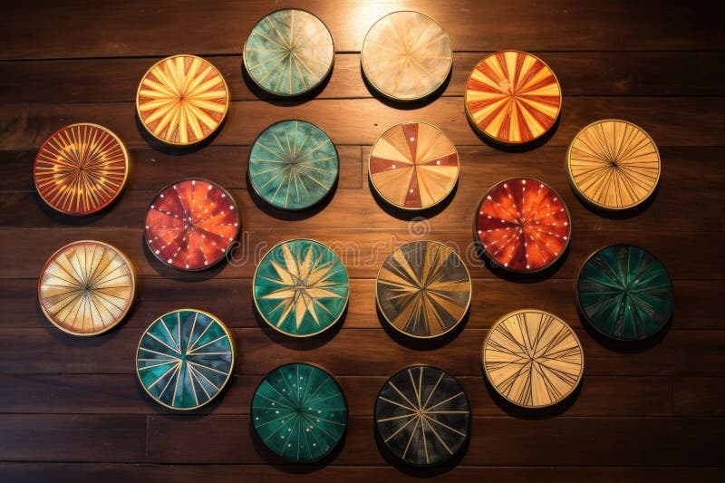 A Set of Tejo Discs Arranged in a Circle on a Wooden Table Stock Image ...