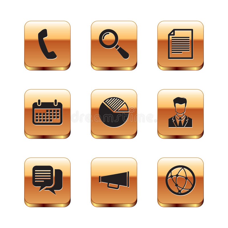 Set Telephone Handset, Chat, Megaphone, Pie Chart Infographic, Calendar ...