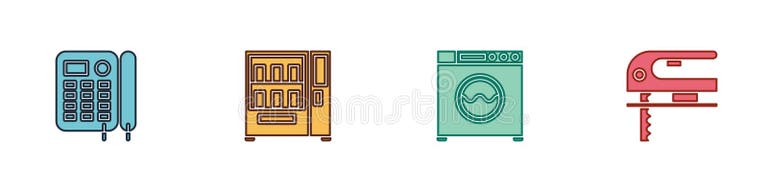 Set Telephone, Vending Machine, Washer and Electric Jigsaw Icon. Vector ...