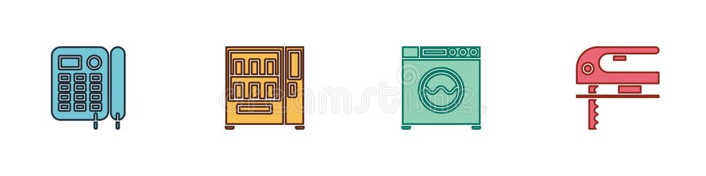 Set Telephone, Vending Machine, Washer and Electric Jigsaw Icon. Vector ...