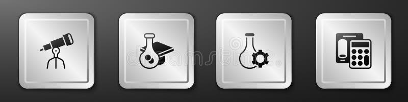 Set Telescope, Graduation Cap, Test Tube and Calculator Icon. Silver ...