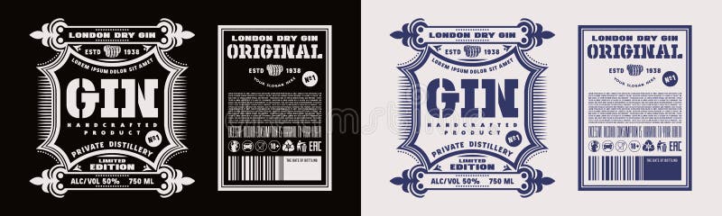 Set of Template Decorative Label for Gin Stock Vector - Illustration of ...