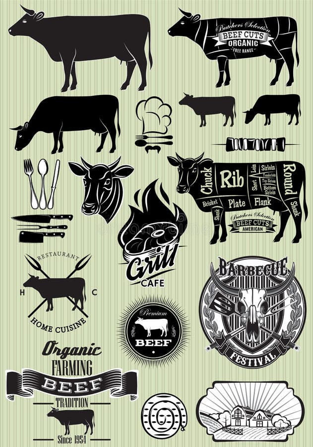 Set of Templates on the Theme of Cow Beef for Design Stock Vector ...