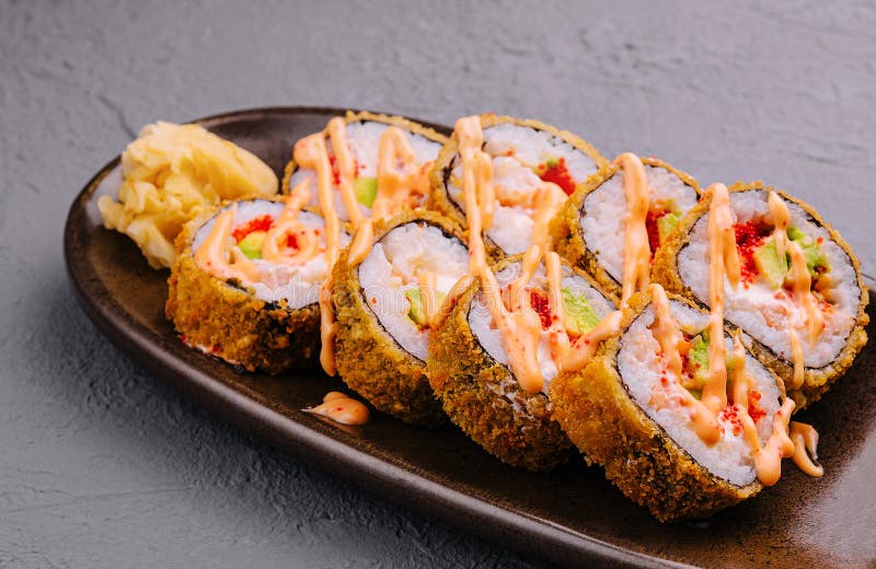 Set of Tempura Fried Sushi Rolls on Plate Stock Image - Image of meal ...