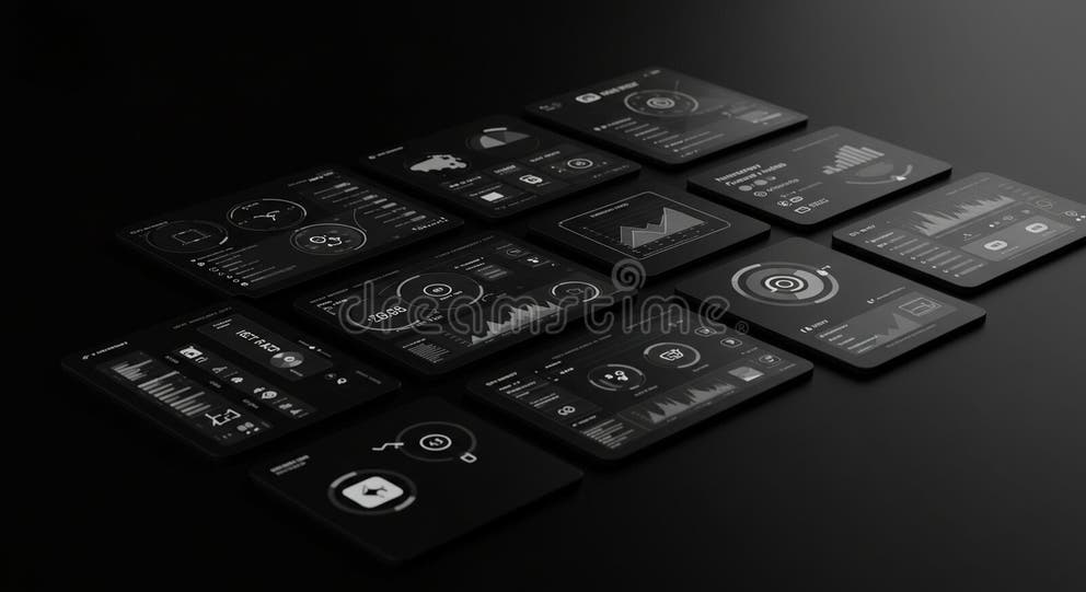 A Set of Ten Dark-themed Digital Interfaces Showcasing Various Data ...