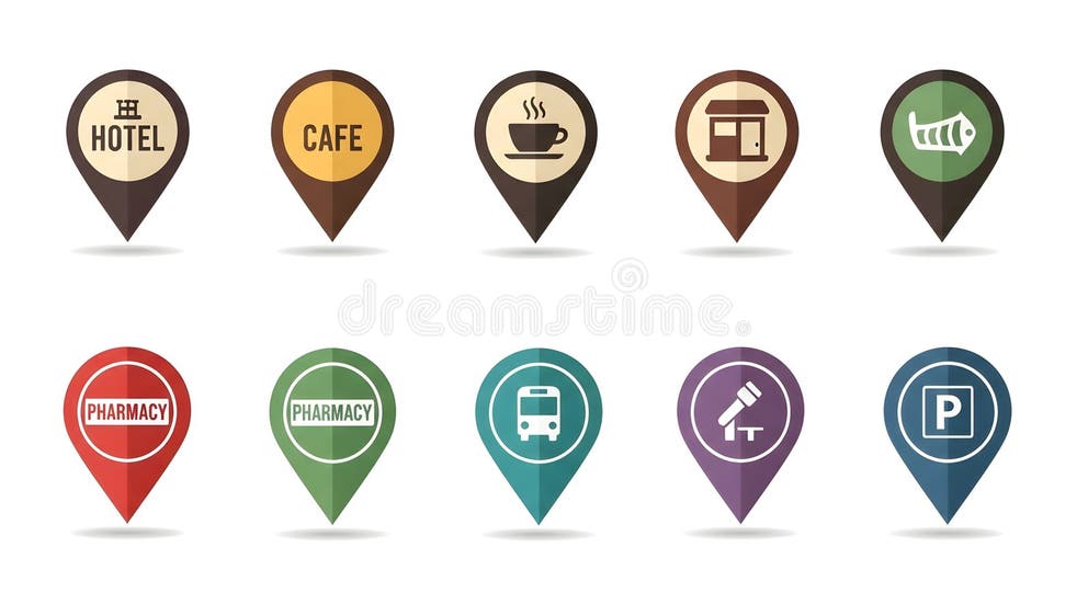 Collection of Colorful Location Map Pins for Cafe, Hotel, Pharmacy, and ...