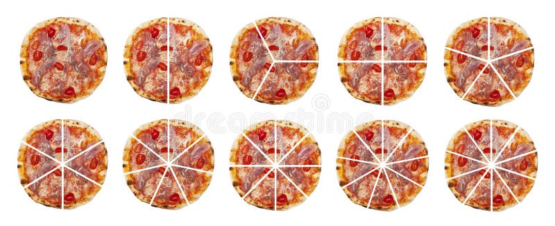 Set of Ten Fractions Made of Pizza Cut into Pieces Isolated on White ...