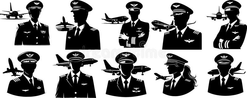 Set of Ten Silhouette of Pilot in Uniform Saluting, with Cap and ...