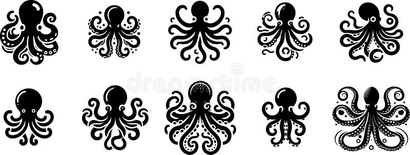 Set of Ten Stylized Black and White of an Octopus with Flowing ...