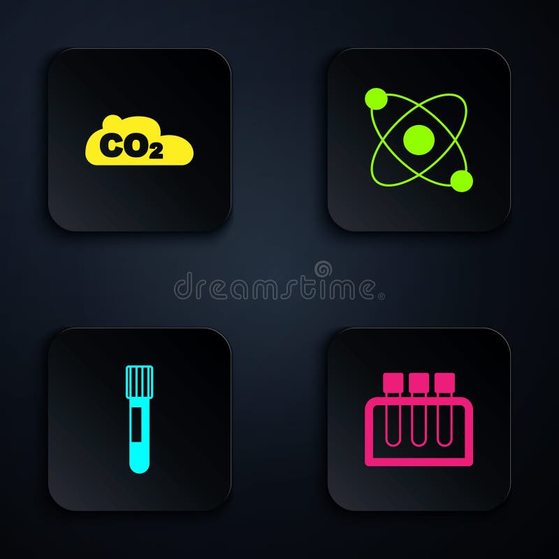 Set Test Tube, CO2 Emissions in Cloud, and Atom. Black Square Button ...