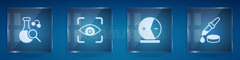 Set Test Tube, Eye Scan, Atom and Pipette. Square Glass Panels. Vector ...