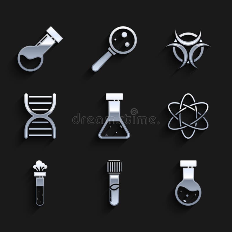 Set Test Tube and Flask Chemical, Atom, DNA Symbol, Biohazard and Icon ...