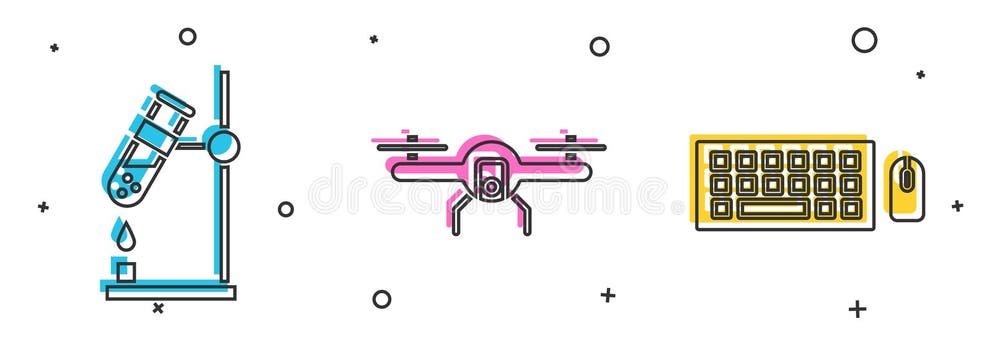 Set Test Tube Flask on Fire, Drone Flying and Keyboard and Mouse Icon ...