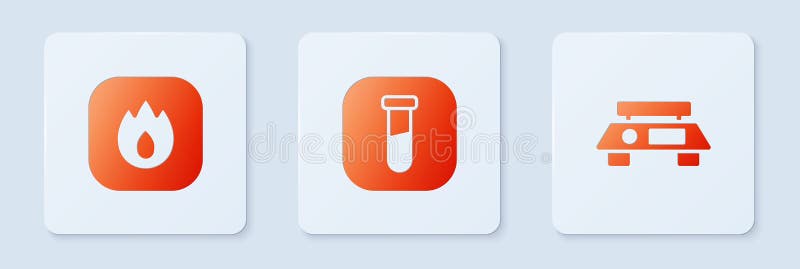 Set Test Tube and Flask, Fire Flame and Electronic Scales. White Square ...