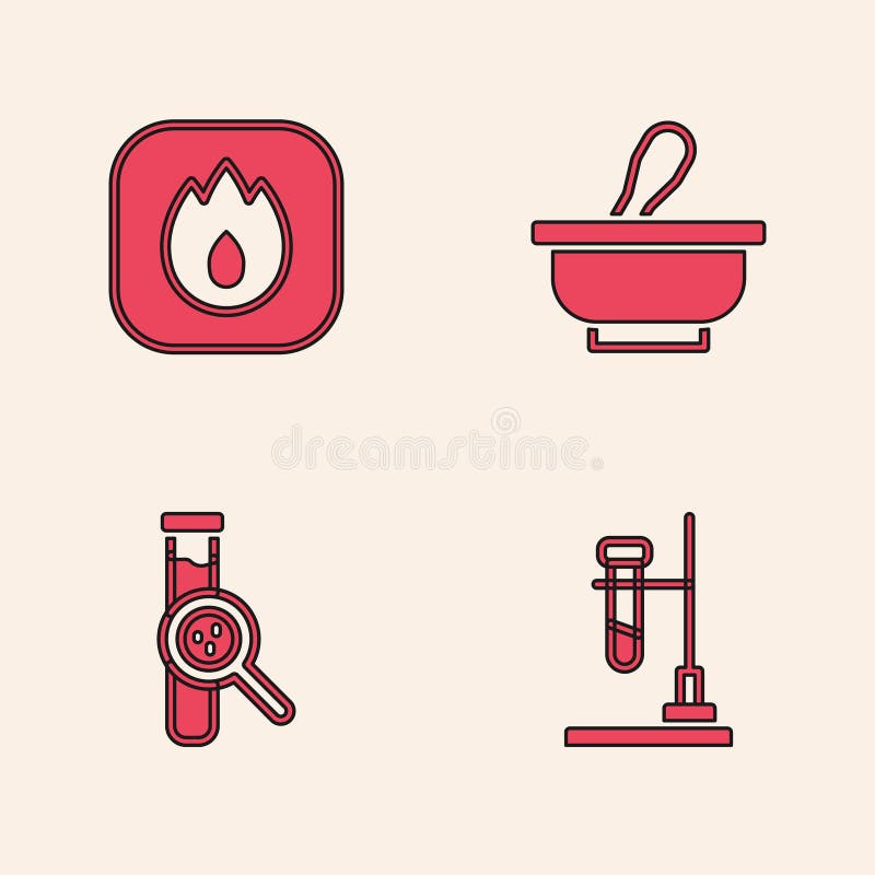 Set Test Tube Flask on Fire, Fire Flame, Mortar and Pestle and Icon ...