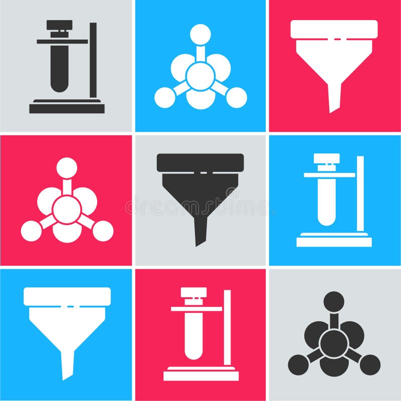 Set Test Tube Flask on Stand, Bacteria and Funnel or Filter Icon ...