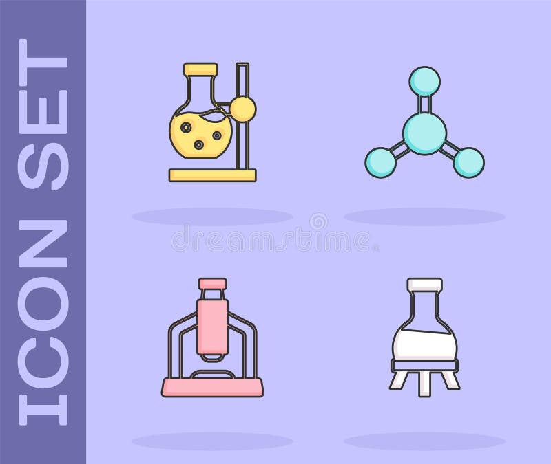 Set Test Tube, Flask on Stand, Microscope and Molecule Icon. Vector ...