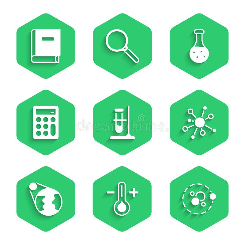 Set Test Tube Flask on Stand, Thermometer, Atom, Molecule, Earth Globe ...