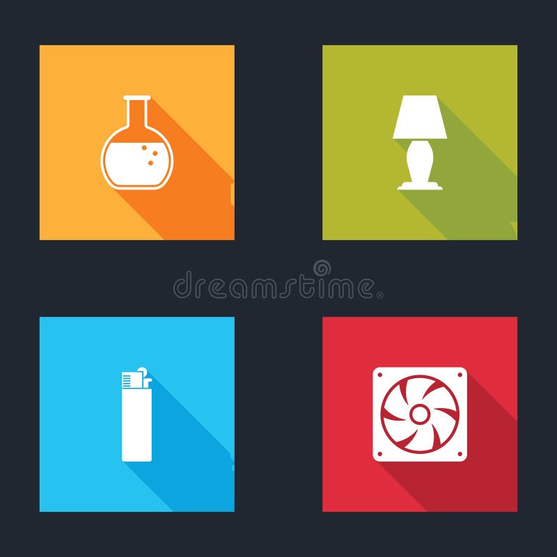 Set Test Tube and Flask, Table Lamp, Lighter and Computer Cooler Icon ...