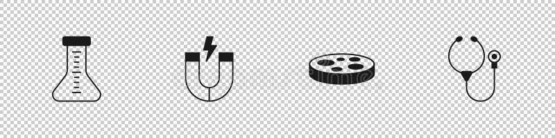 Set Test Tube, Magnet, Petri Dish with Bacteria and Stethoscope Icon ...