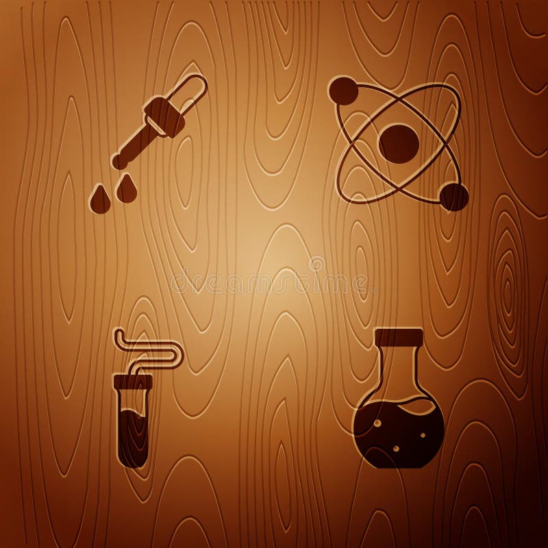 Set Test Tube, Pipette, and Atom on Wooden Background. Vector Stock ... Set Test Tube, Pipette, and Atom on Wooden Background. Vector Stock ...