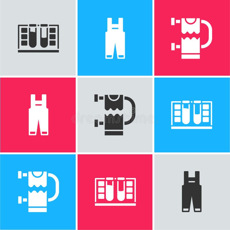 Set Test Tube with Water Drop, Work Overalls and Heated Towel Rail Icon ...