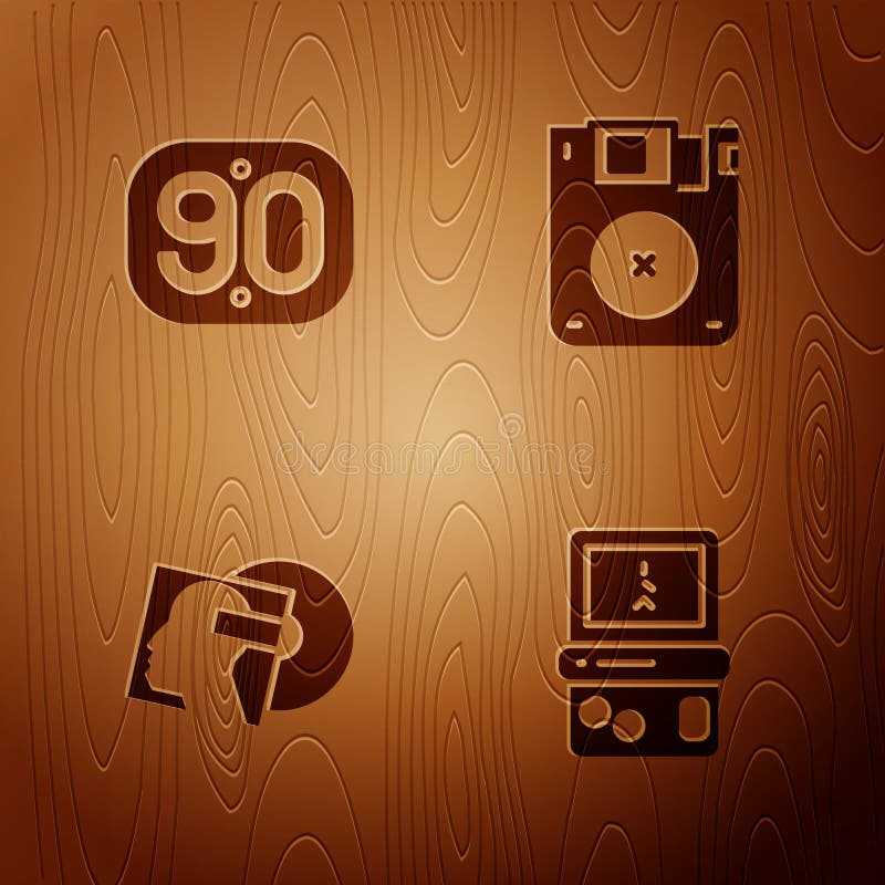 Set Tetris, 90s Retro, Vinyl Disk and Floppy on Wooden Background ...