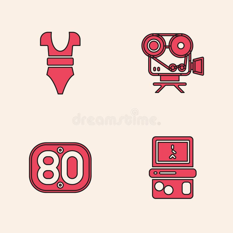 Set Tetris, Swimsuit, Retro Cinema Camera and 80s Icon. Vector Stock ...
