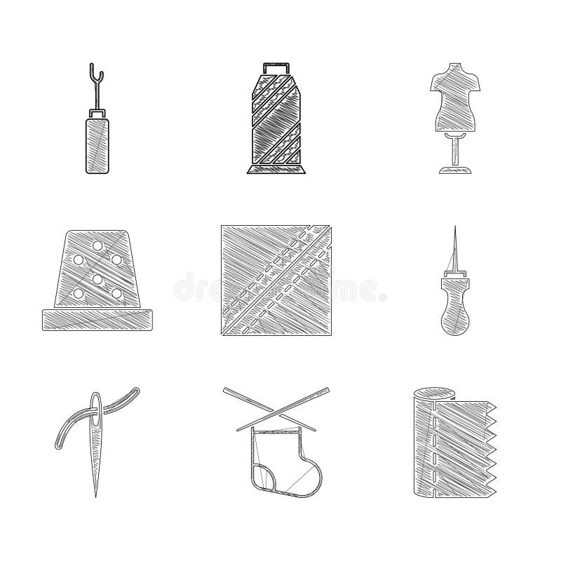 Set Textile Fabric Roll, Knitting Needles, Awl Tool, Needle with Thread ...