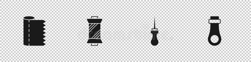 Set Textile Fabric Roll, Sewing Thread on Spool, Awl Tool and Zipper ...